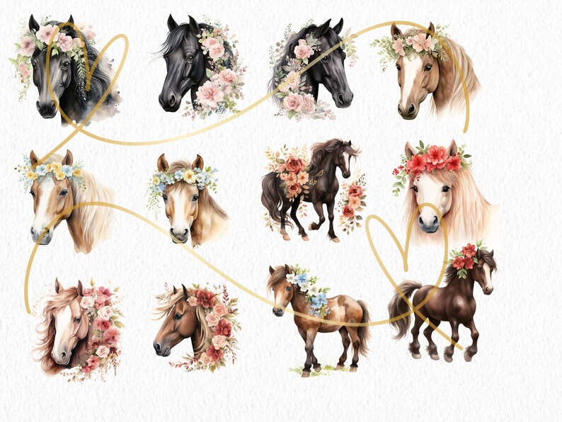 Watercolor Floral Horse Clip Art Bundle, Set of 35 Horse Pngs, Nursery ...
