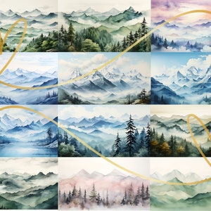 Watercolor Mountain Clipart Borders and Backgrounds Bundle, Set of 50 ...