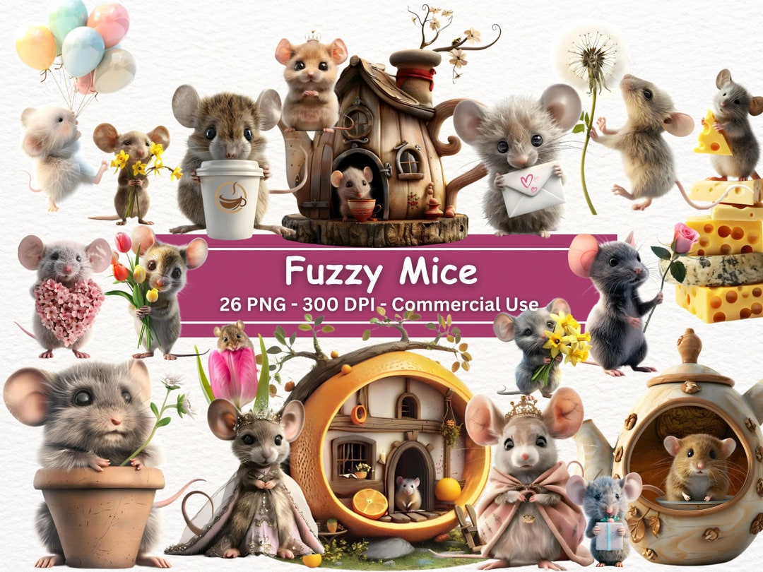 Fuzzy Mouse Clipart, 26 Pngs, Nursery Art, Cute Mice With Flowers ...