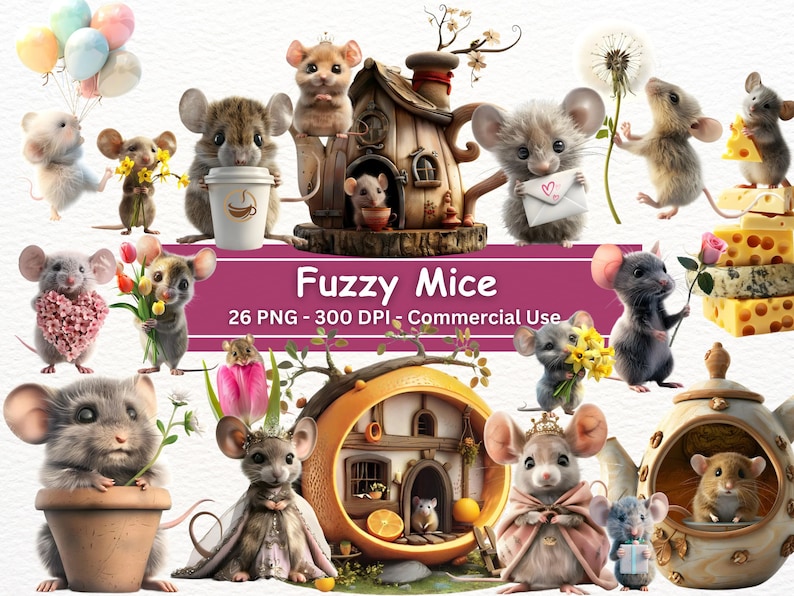 Fuzzy Mouse Clipart Bundle, Nursery PNG Art (digital Download ...