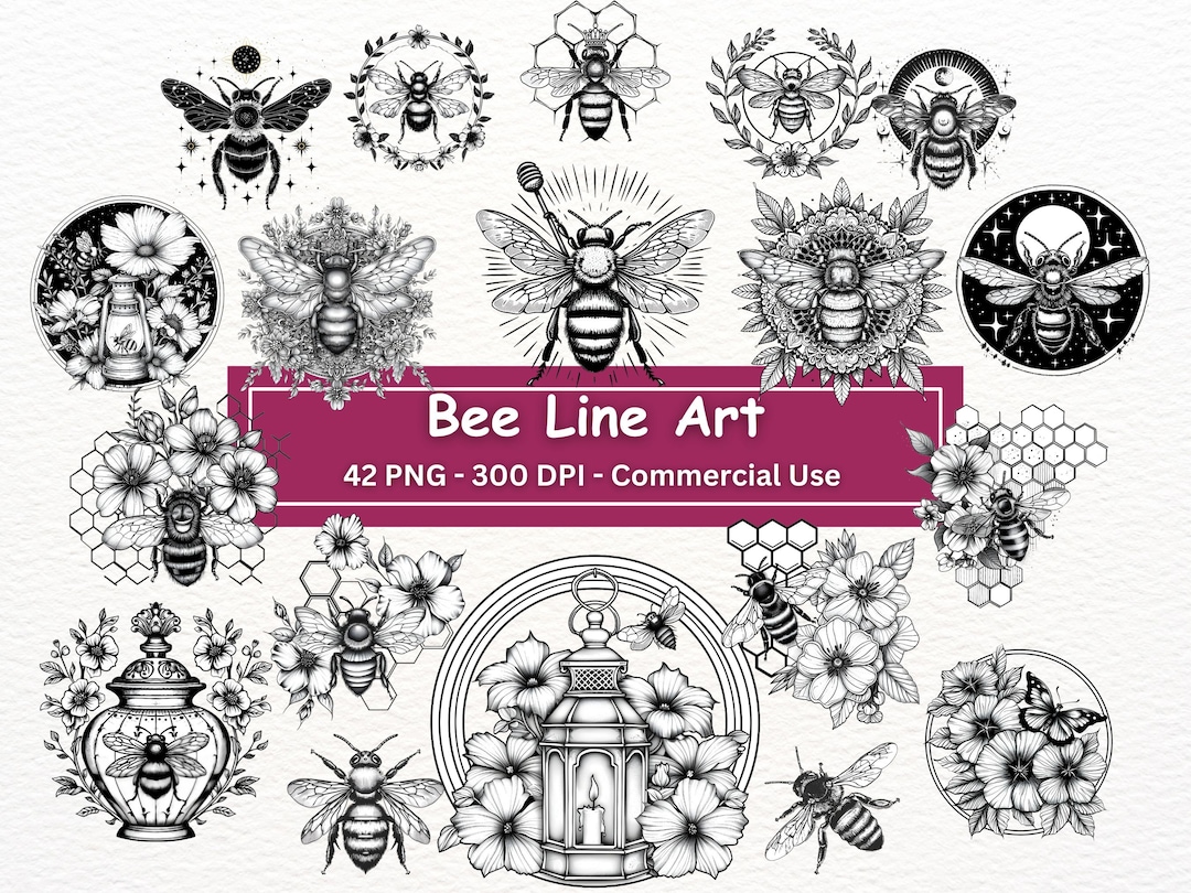 Bee Line Art Clipart, 42 PNG Set, Black and White Bees With Honeycomb ...