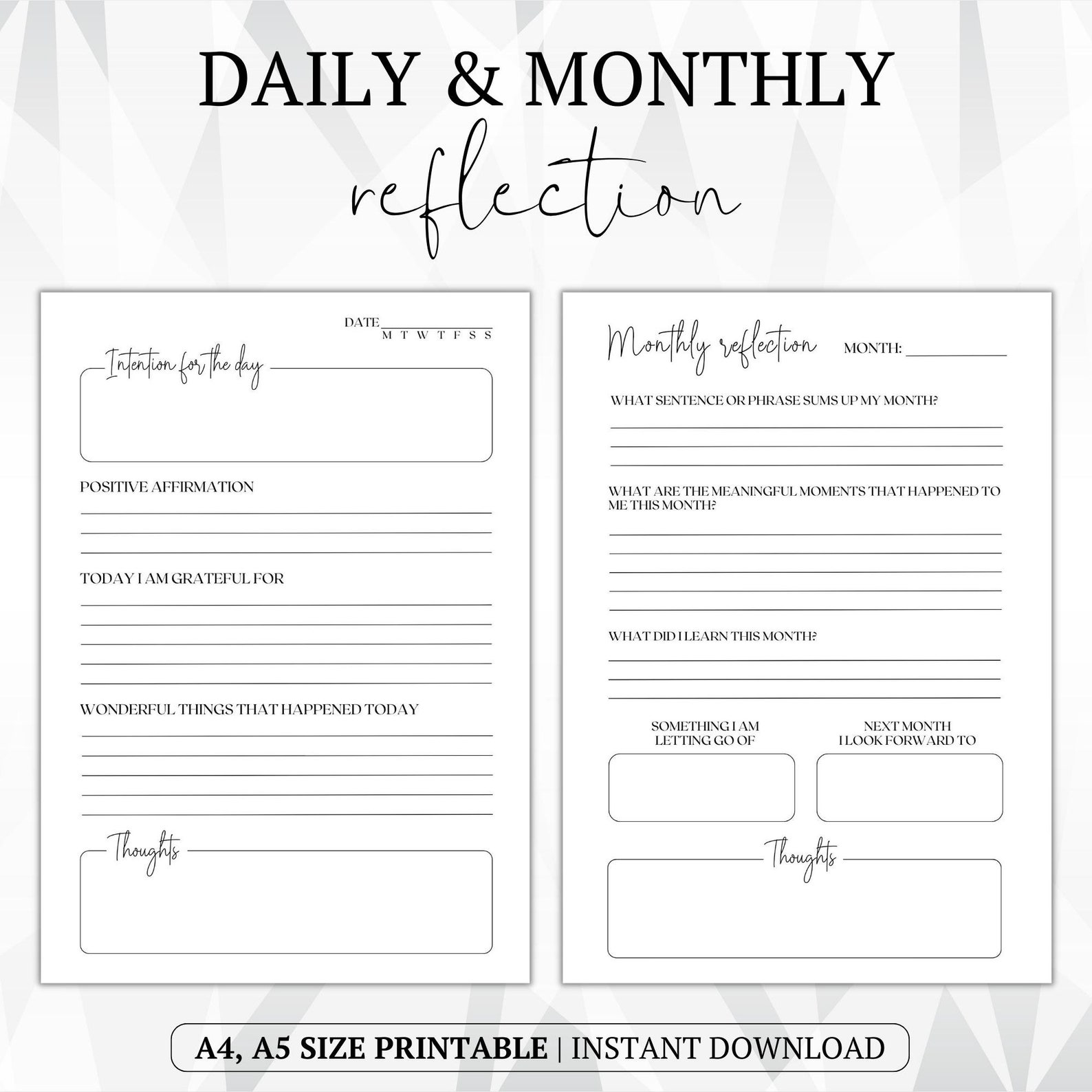 Daily and Monthly Reflection Review Pages, Printable Daily Journal ...