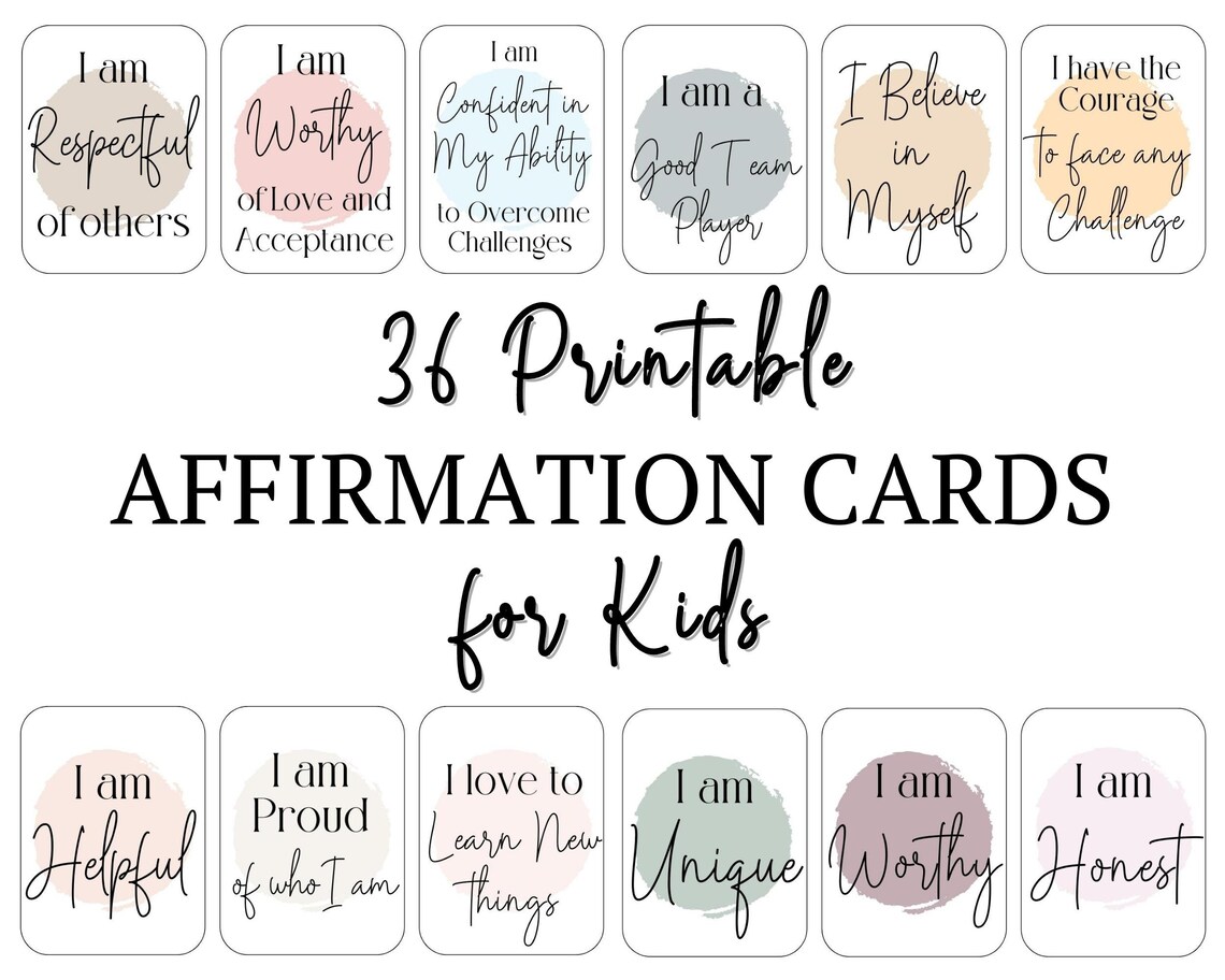 Set of 36 Printable Positive Affirmation Cards for Kids, Words of ...