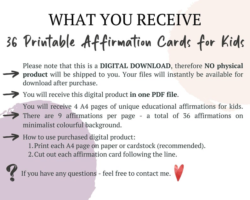 Set of 36 Printable Positive Affirmation Cards for Kids, Words of ...