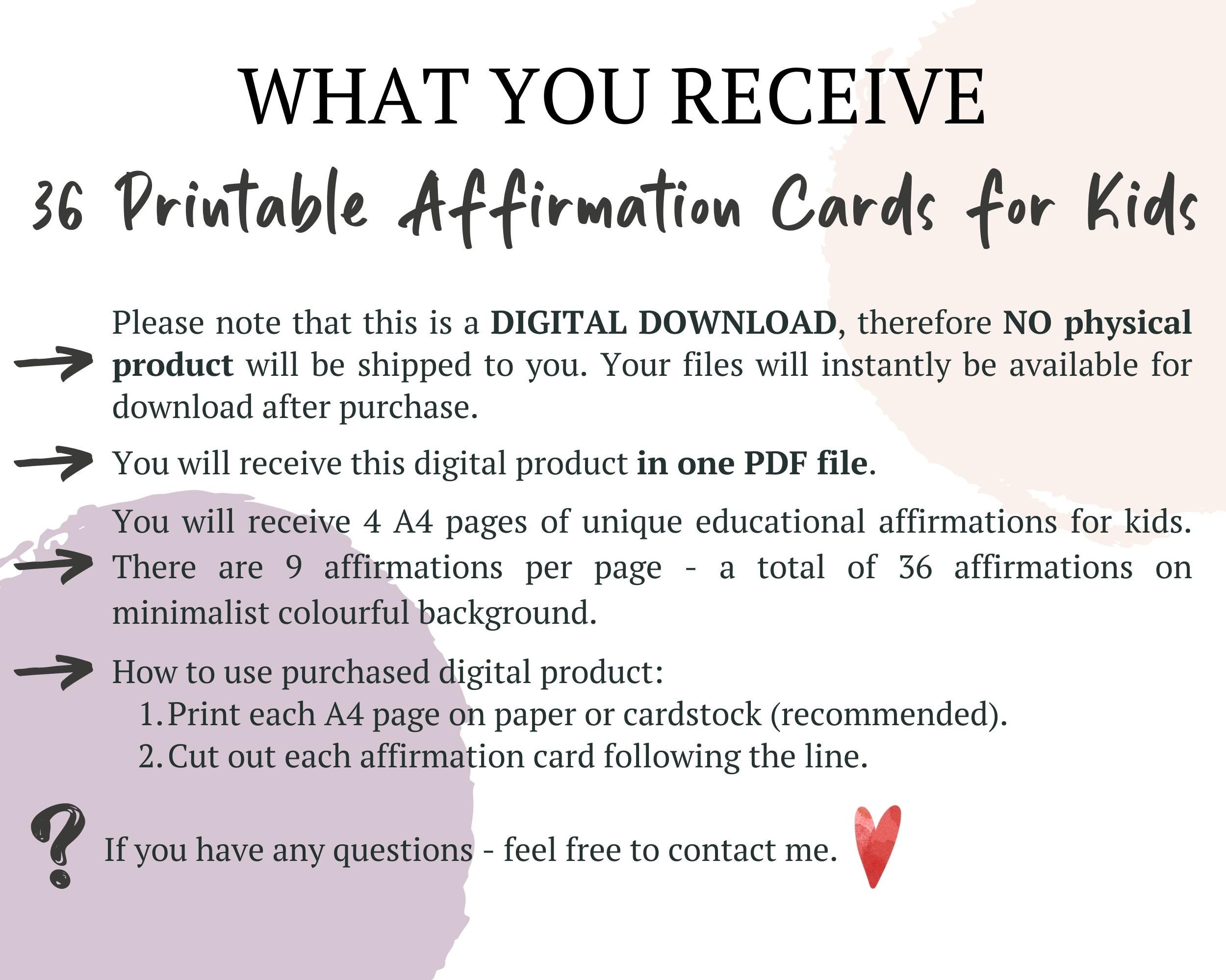 Set of 36 Printable Positive Affirmation Cards for Kids, Words of ...