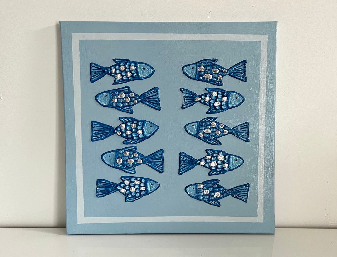 Wall Art Modern Picture Fish Silver Scales Embossed Sea Ocean ...
