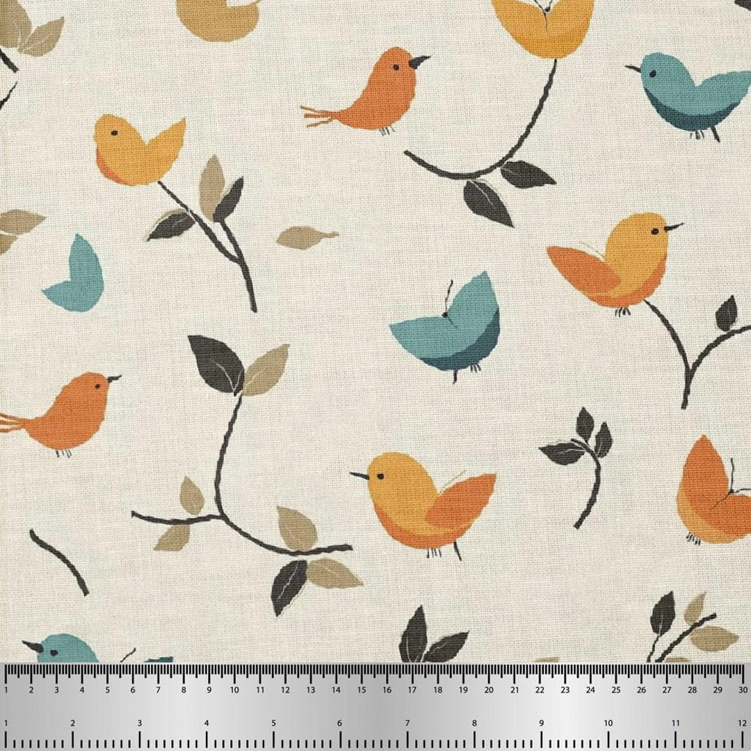 Whimsical Birds and Leaves Pattern, Fabric by the Yard, 58 In" Wide ...