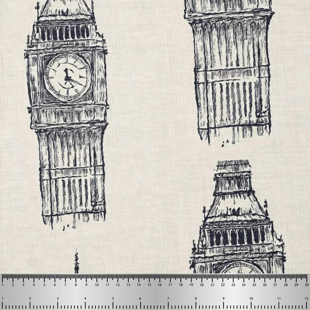 London Big Ben Clock Tower Sketch Pattern, Fabric by the Yard, 58 In ...