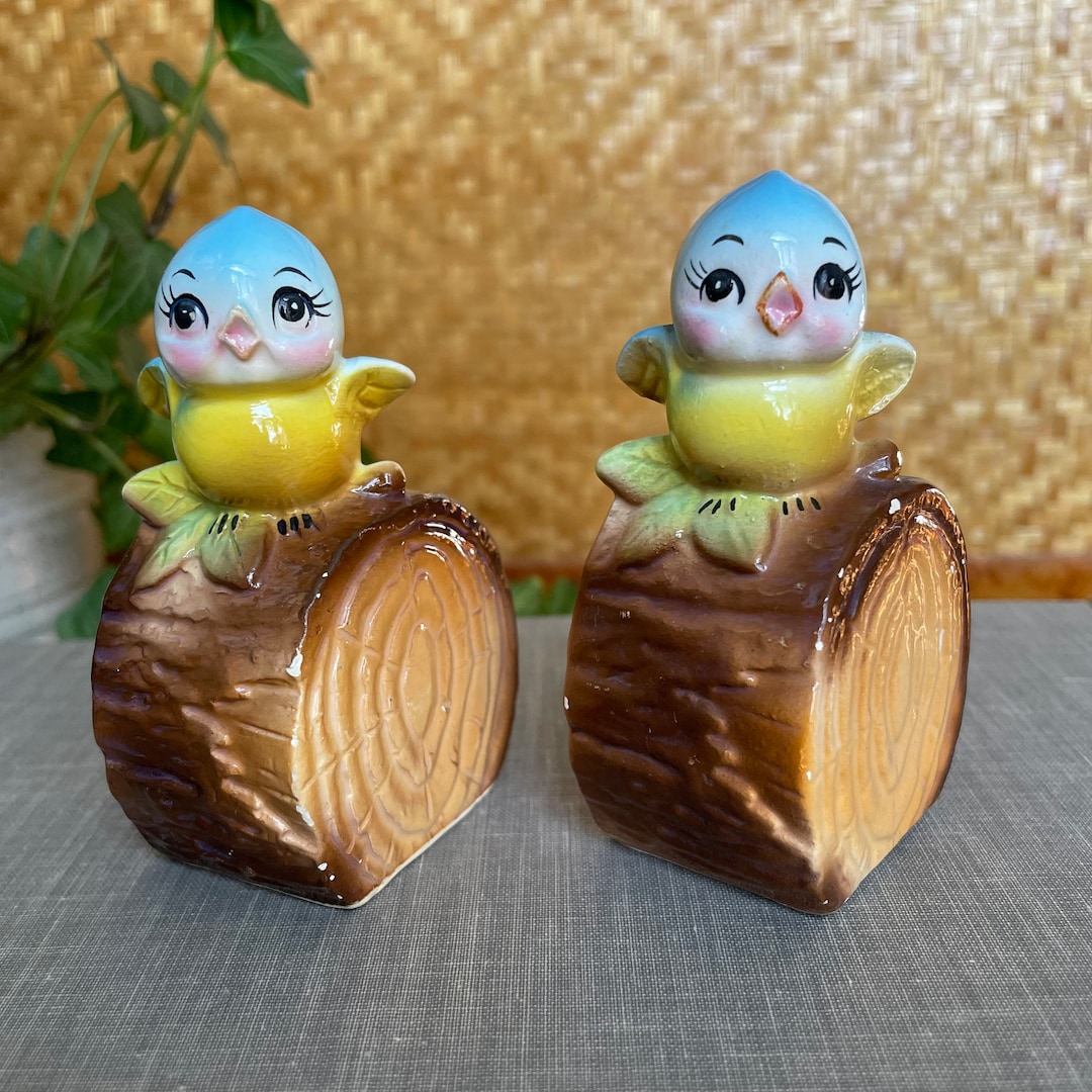 Vintage Norcrest Baby Blue Birds on Logs Salt and Pepper Set, Hand ...
