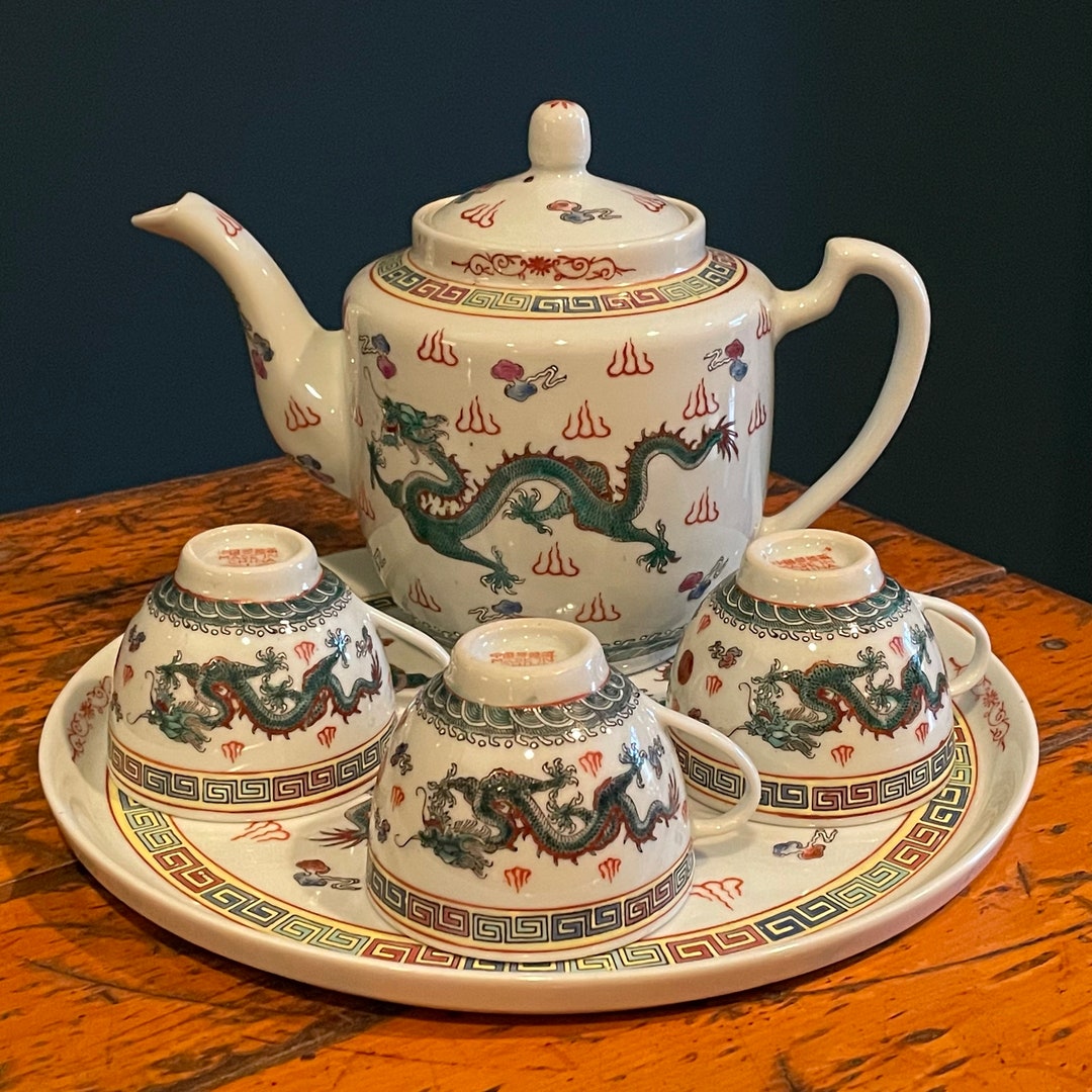 Vintage Dragon Chinese Tea Set, Teapot, Three Cups, Large Tray, Hand ...
