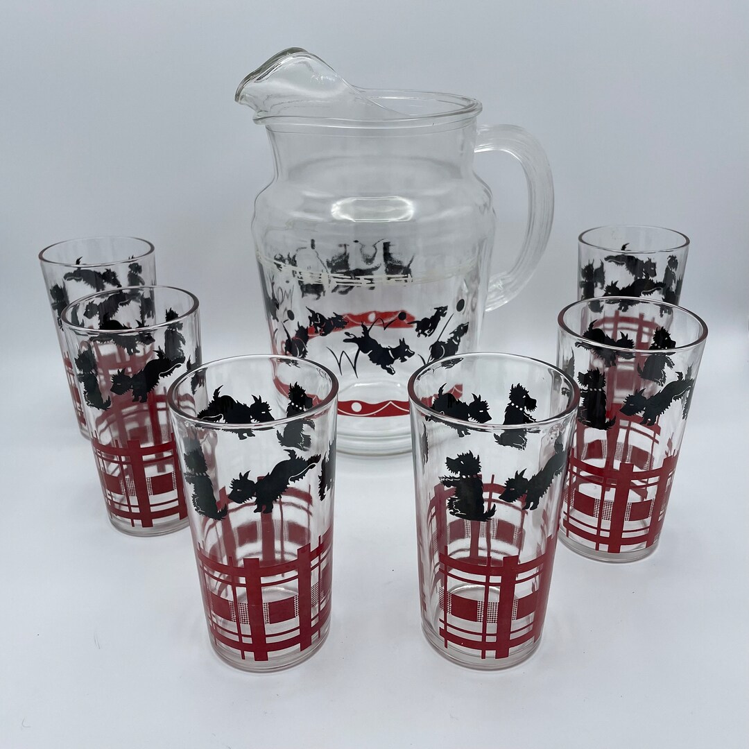 Vintage 7-piece Scottie Dog Pitcher Set, 6 Tumblers With Black Dogs ...