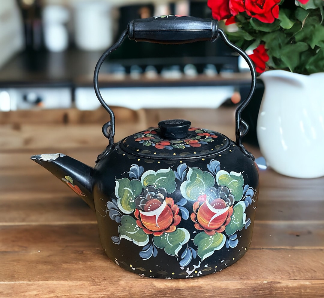 Vintage Hand Painted, Large Black Tea Kettle, Farmhouse Kitchen, Decor ...