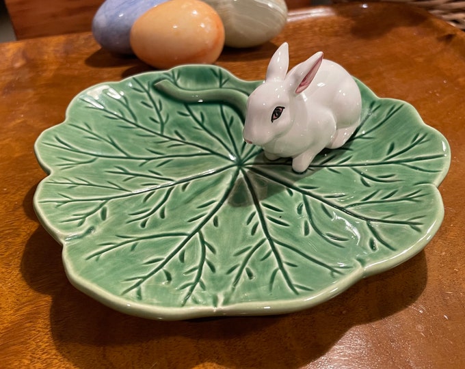 Vintage Bordallo Pinheiro White Rabbit on a Green Cabbage Leaf, Made in ...