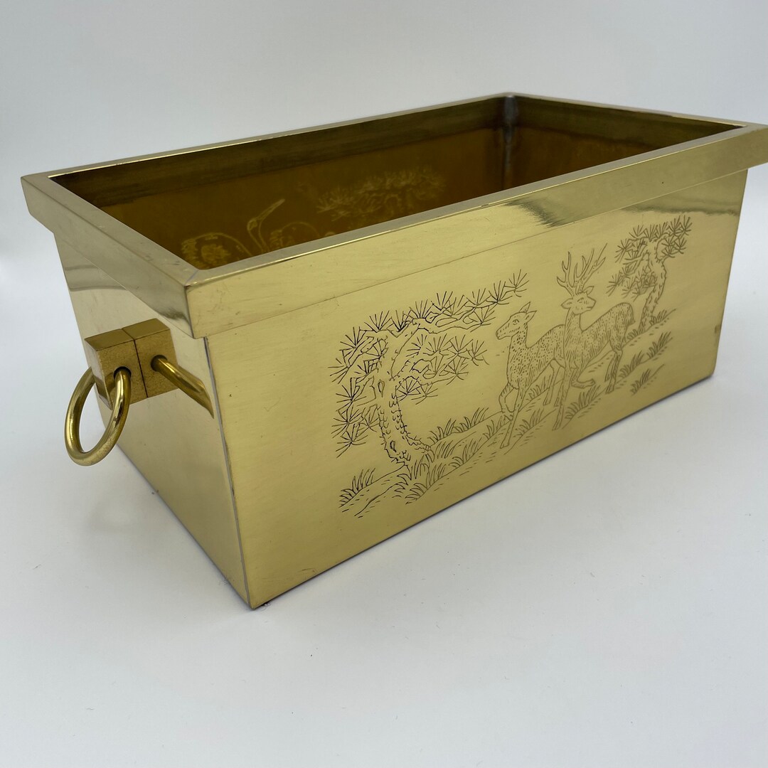 Vintage Heavy Solid Brass Rectangular Planter, Engraved Scenes of Deers ...