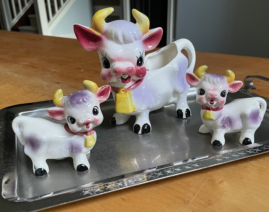 Adorable Vintage Purple Bull or Cow Creamer With Baby Bull Salt and ...