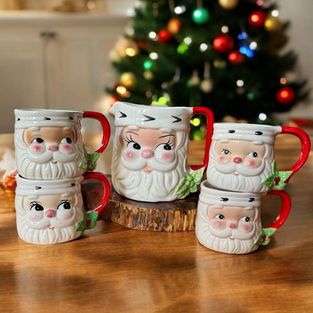 Vintage Josef Originals Santa Face Pitcher and Mugs, 1960s Christmas ...