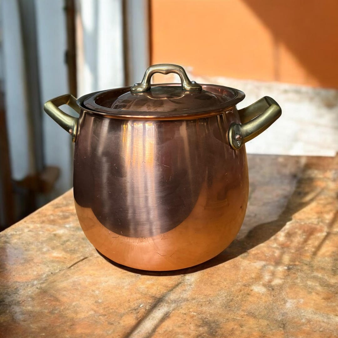 Vintage Copper Stock Pot With Lid, Brass Handles, Made by Targus Chef ...