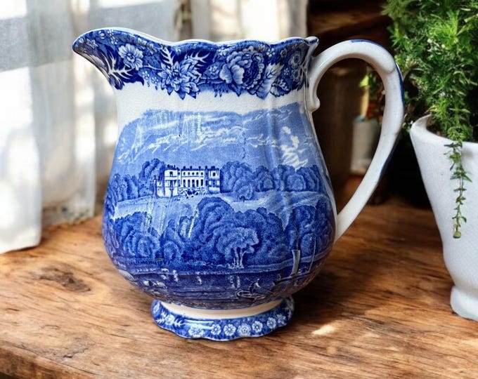 Vintage Water Pitcher or Jug, Thames River Scenes Blue, Park Place ...