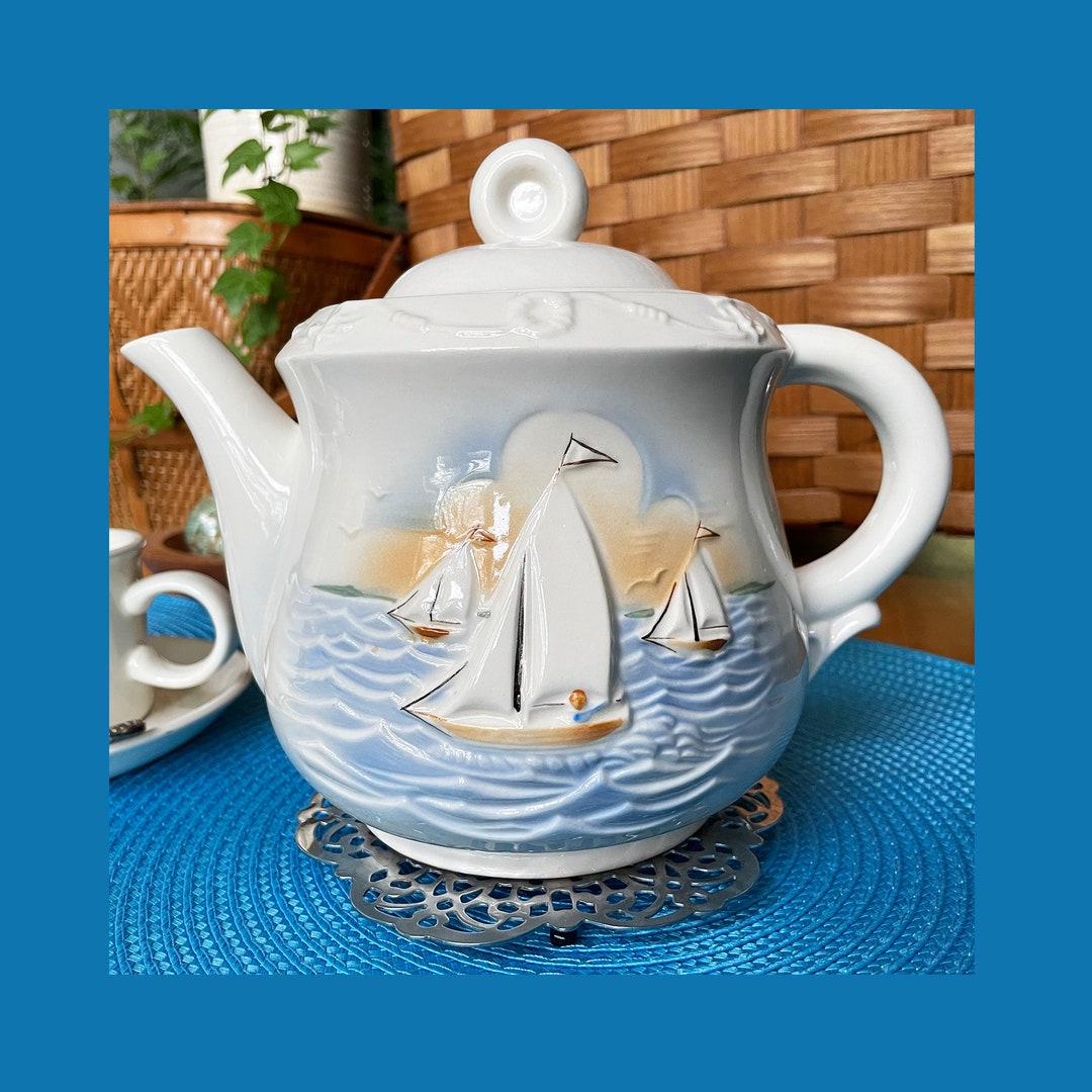 Vintage Sailboat Teapot, Porcelier Ironstone, 1940's, Three Raised ...