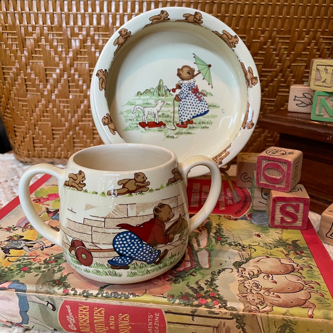 Vintage Two-piece Teddy Bear Baby Dishes Set, Heavy Rimmed Bowl and Cup ...