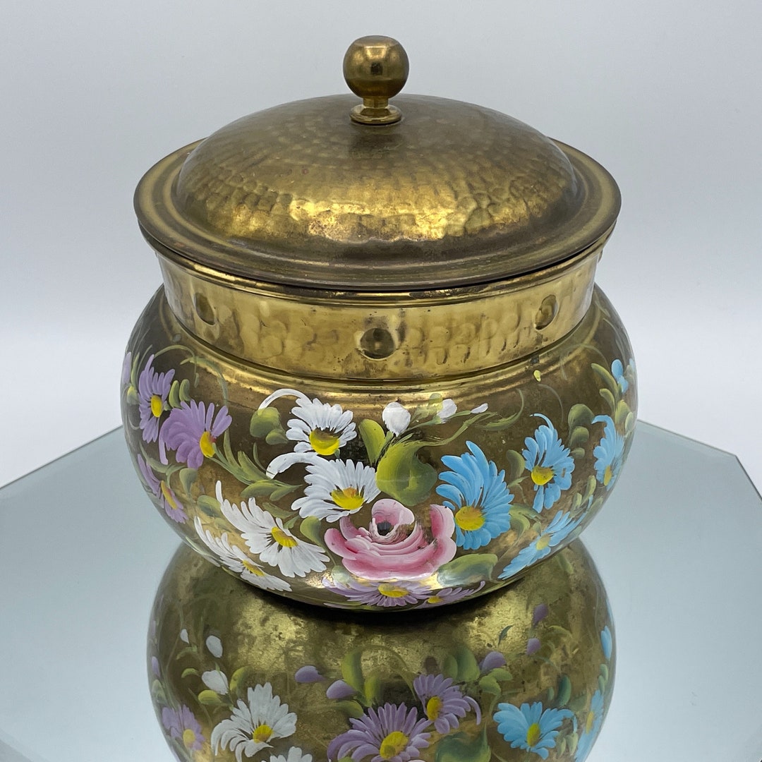 Large Brass Container, Hand Painted, Signed With a Hammered Finish, - Etsy