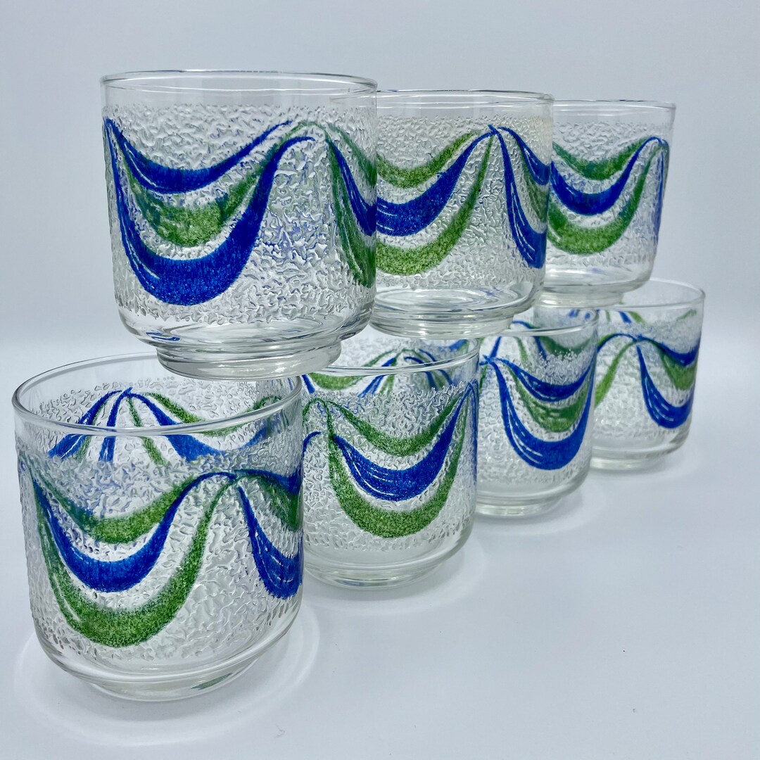 Vintage "deep Sea" Libbey Lowball, Rocks, or Juice Glasses, Set of 7, Blue and Green Waves on a ...
