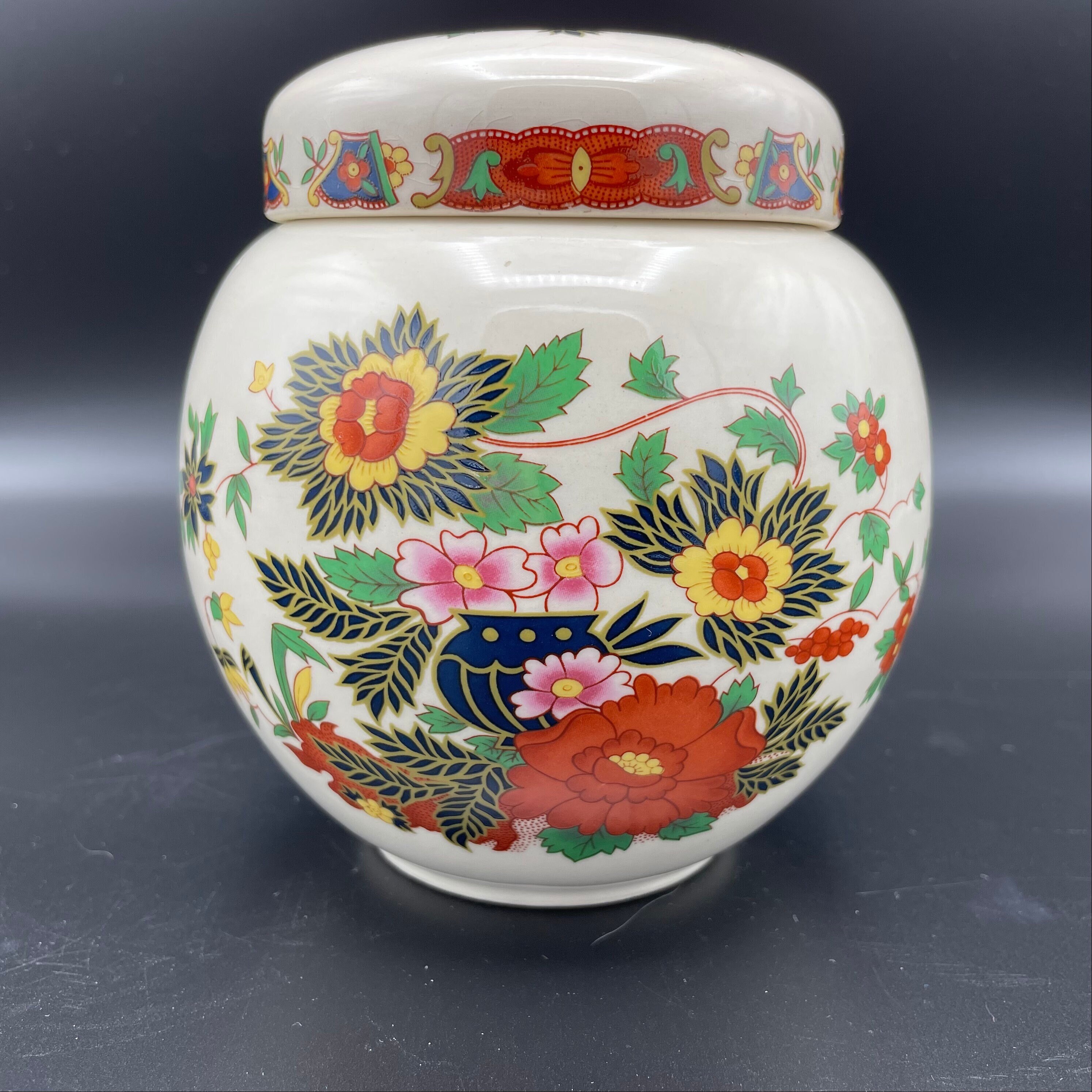 Sadler Ginger Jar, White With Floral Details in Orange, Green, Yellow ...