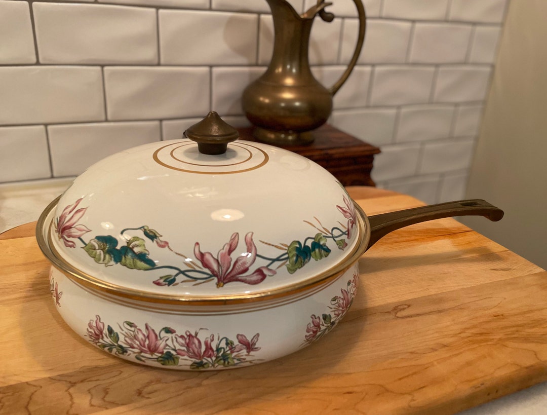 Vintage White Enamel ASTA 10" Fry Pan With Lid, Violetta Pattern, Brass ...