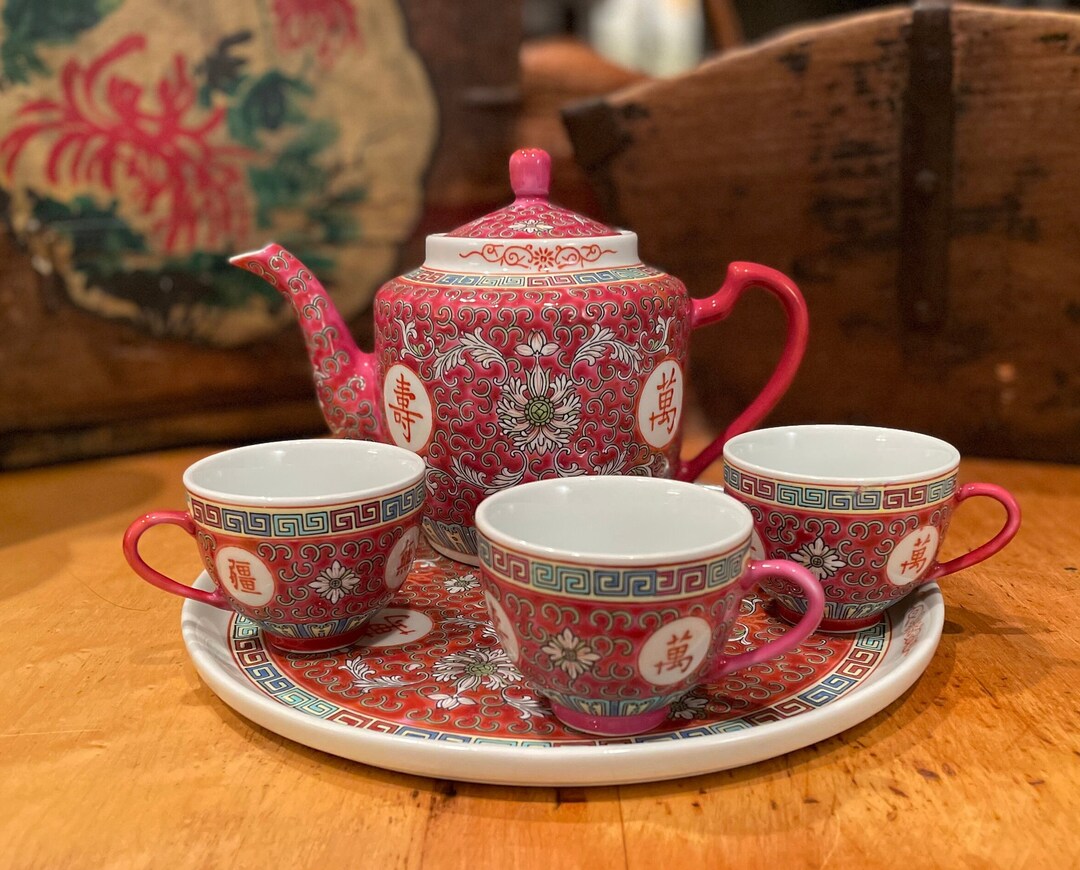 Vintage Chinese Teapot Set, With Three Cups and Matching Tray, Vivid ...
