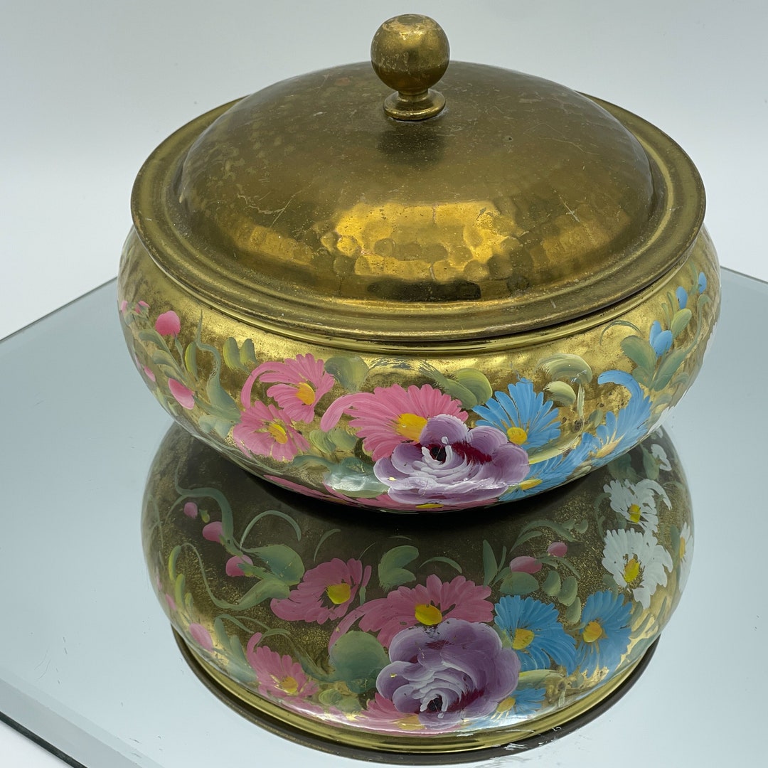 Vintage Brass Container, Hand Painted With Lid, Signed With a Hammered ...