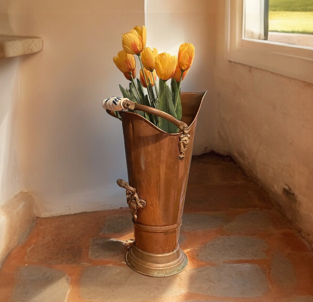 Tall Copper and Brass Coal Scuttle Ash Bucket, Blue and White Delft ...