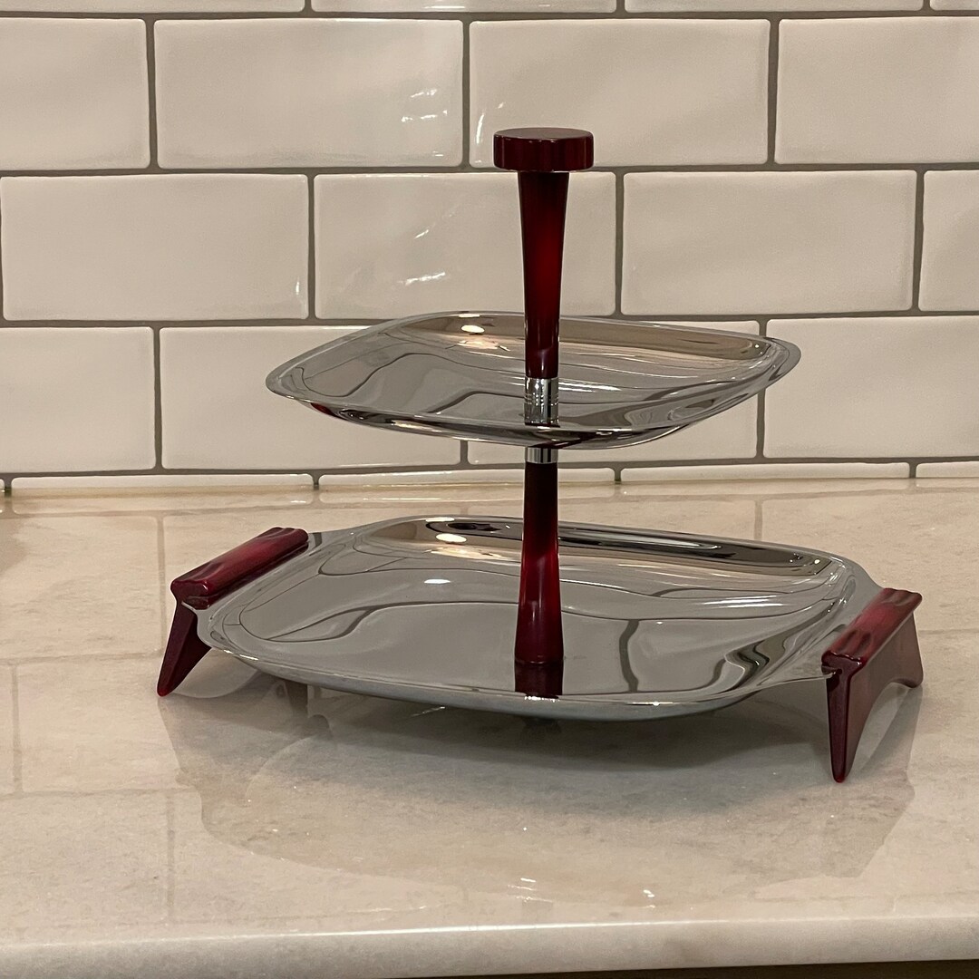 Vintage Two-tiered Serving Tray With Red Bakelite Feet and Handles, Mid ...
