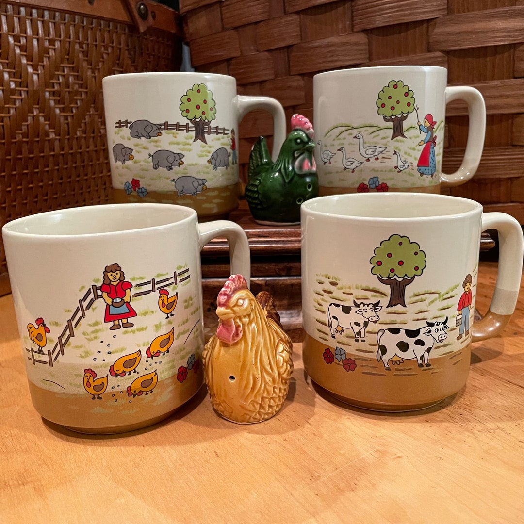 Vintage Set of 4 Cartoon Farm Scene Coffee Mugs, Apple Tree Theme With ...