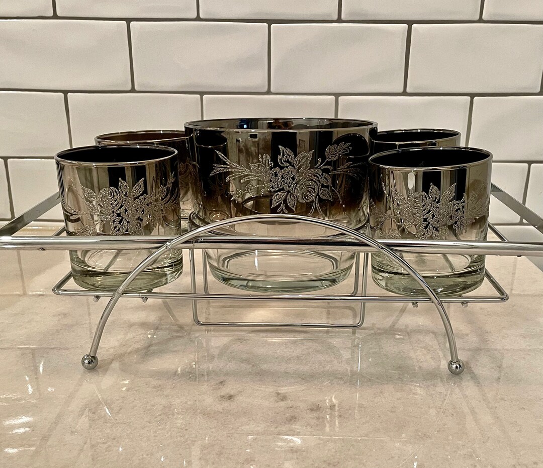 Vintage Queen's Lusterware Bar Set, Four Lowball Glasses and an Ice ...