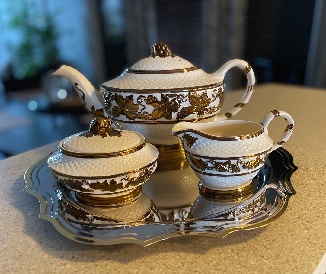 Vintage Wade Hand Painted Teapot, Sugar, Creamer, 24k Gold Grape Vines ...