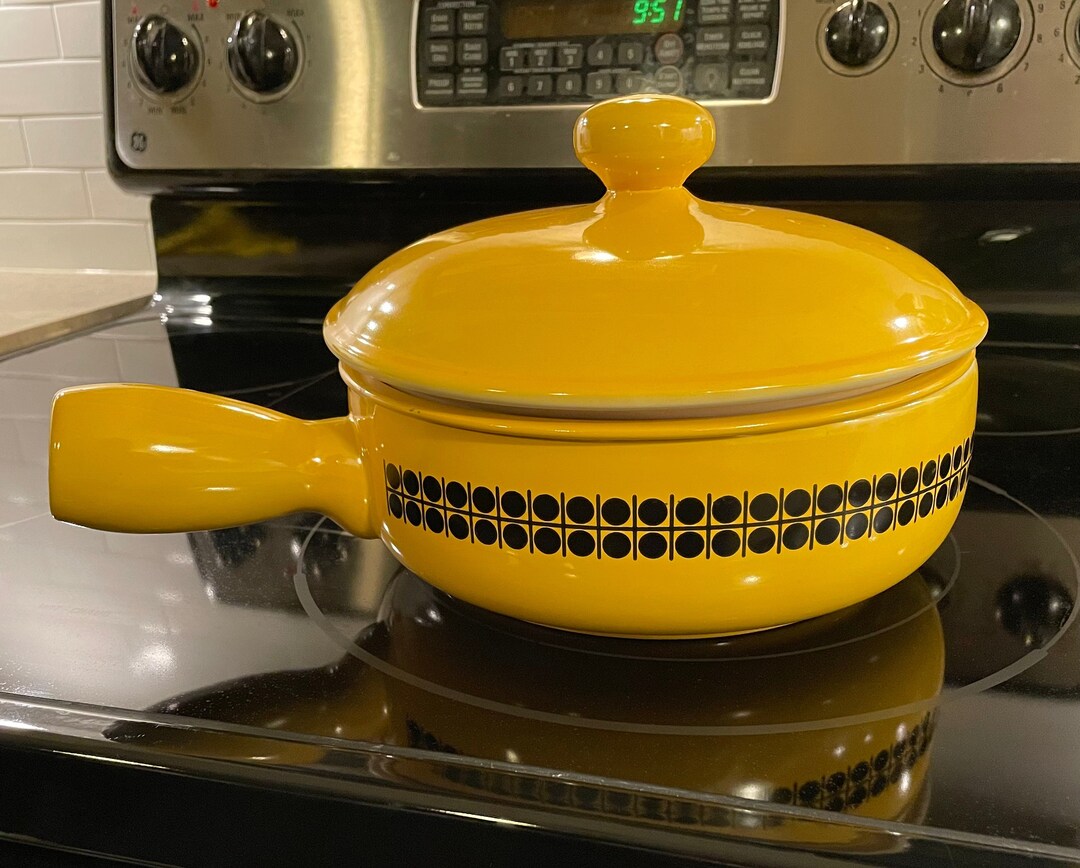 Vintage Mid-century Modern Oven Proof Pot, Ceramic Lid, Yellow Enamel ...
