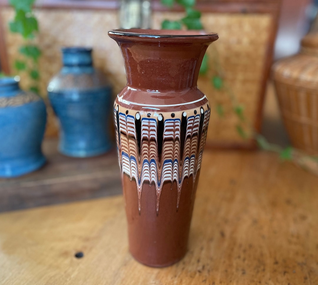 Vintage Bulgarian Redware Vase, Hand Painted Drip Glaze, 1970s - Etsy