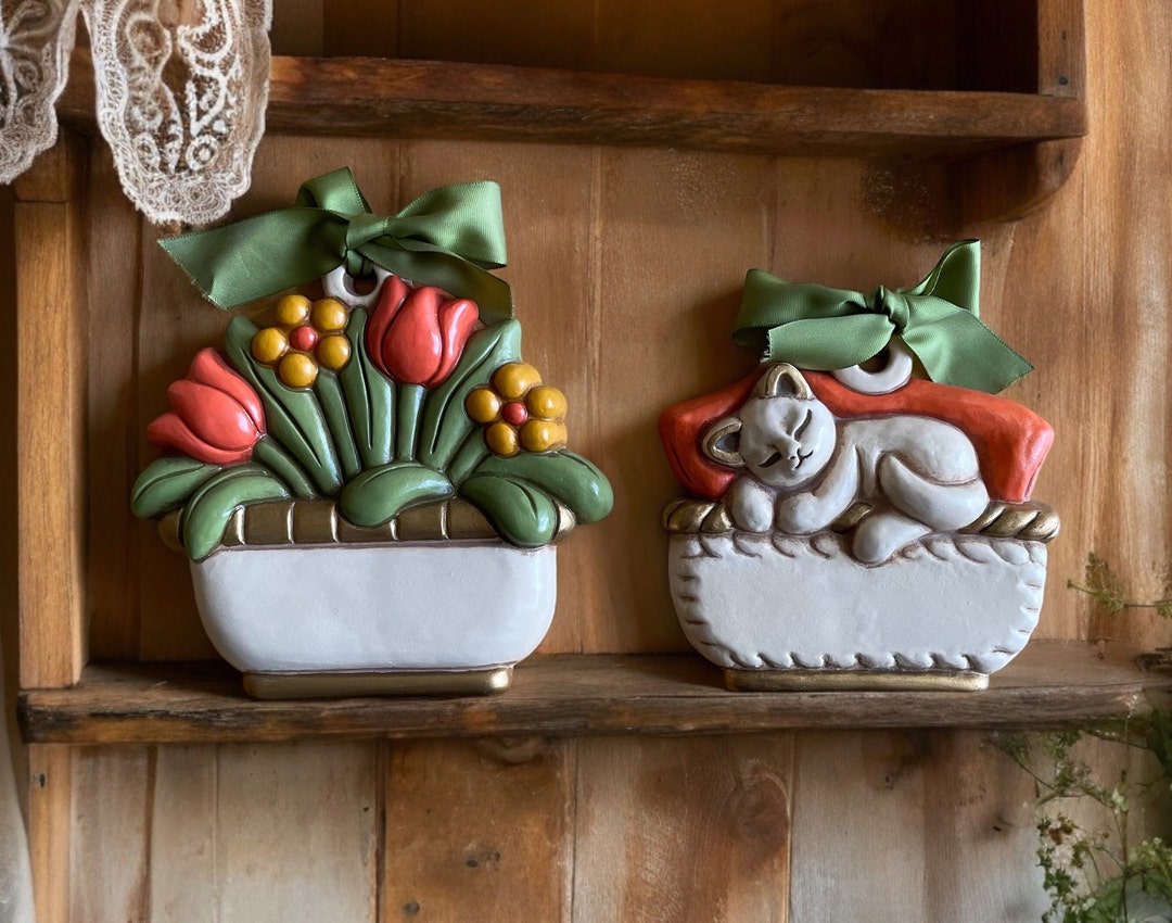 Vintage Set of 2 THUN Pottery Wall Plaques, Made in Italy, Sleeping Cat ...
