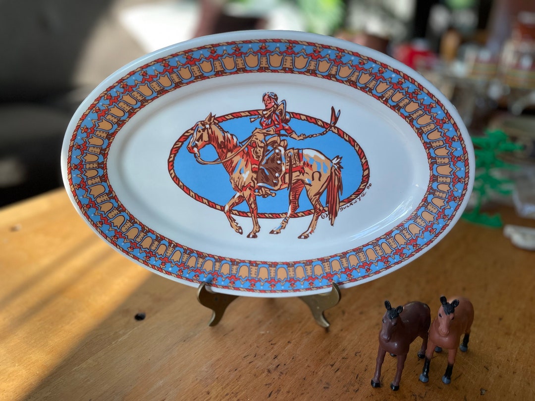 Vintage Buckeye Blake Cow Camp China, Oval Serving Platter, Cow Girl ...