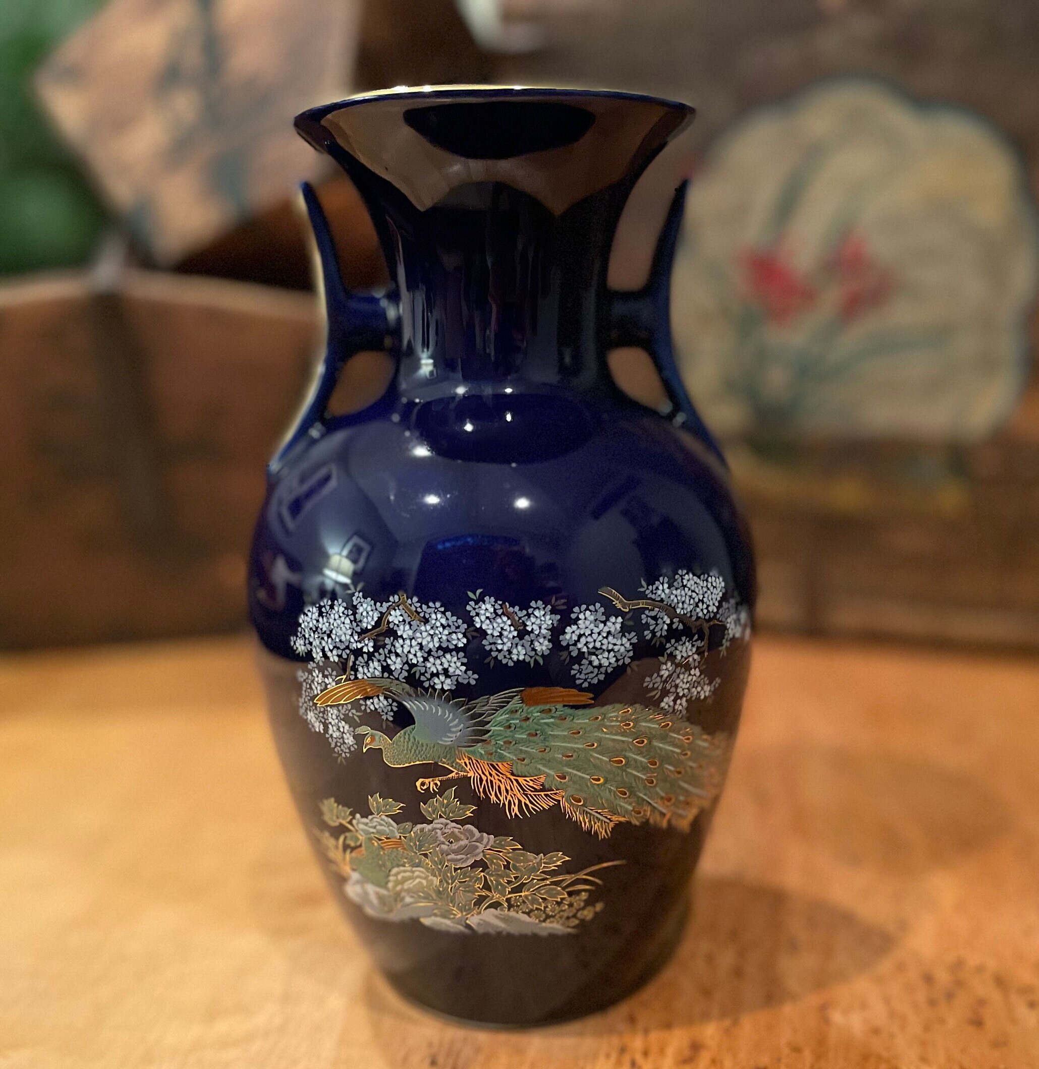 Vintage Cobalt Blue Vase With Double Handles Japanese Style - Etsy