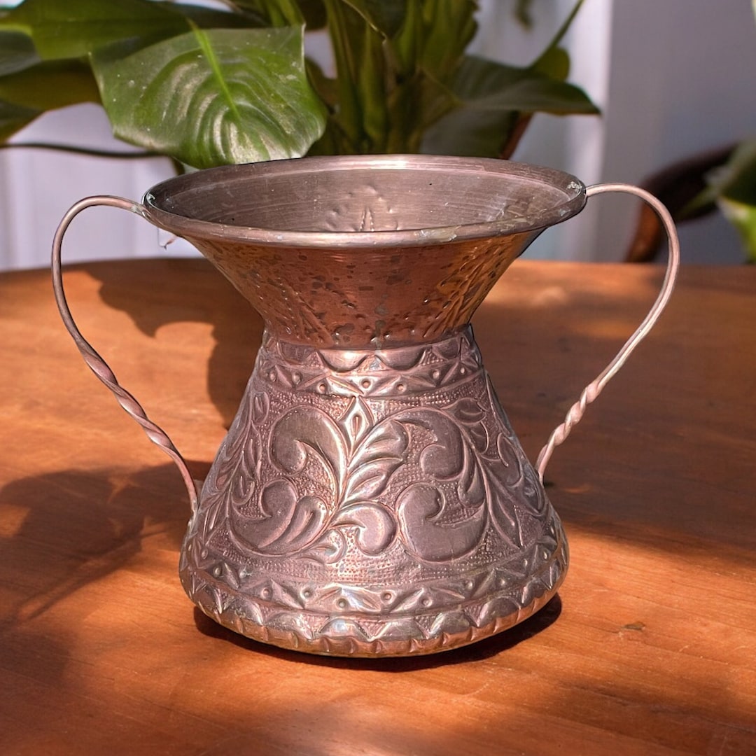 Large Vintage Copper Vase, Spittoon Shape, Double Twisted Handles ...
