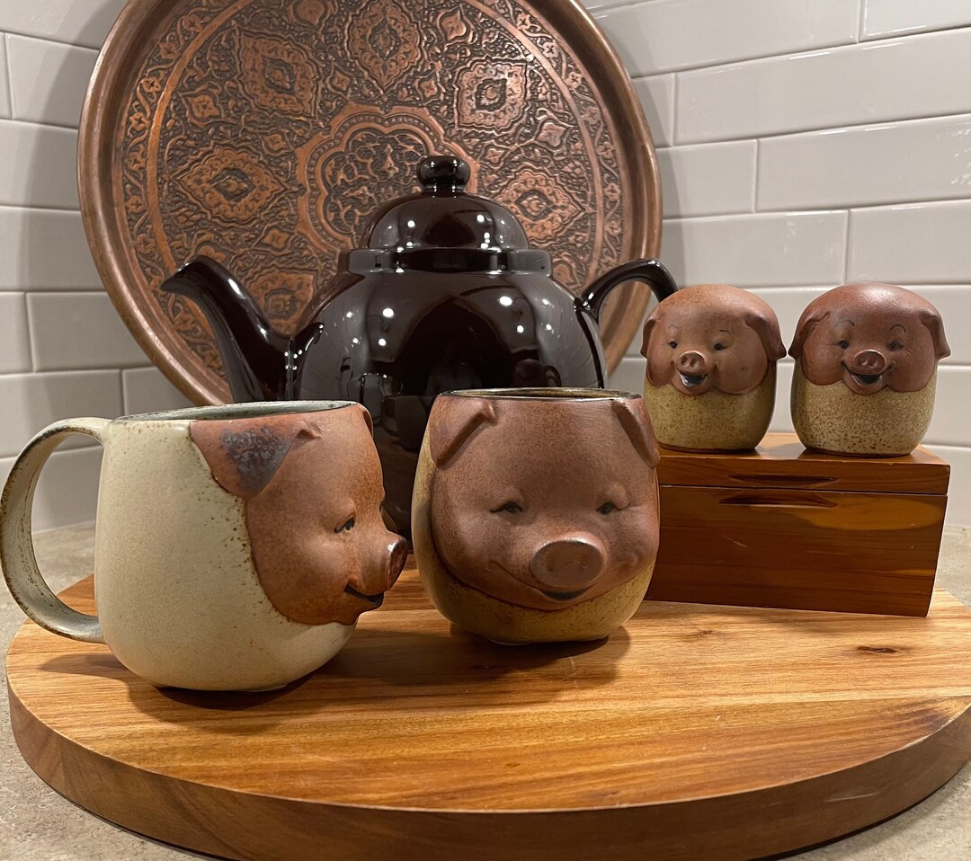 Vintage 4-piece Set of 2 Happy Pig Stoneware Mugs With Matching Salt ...