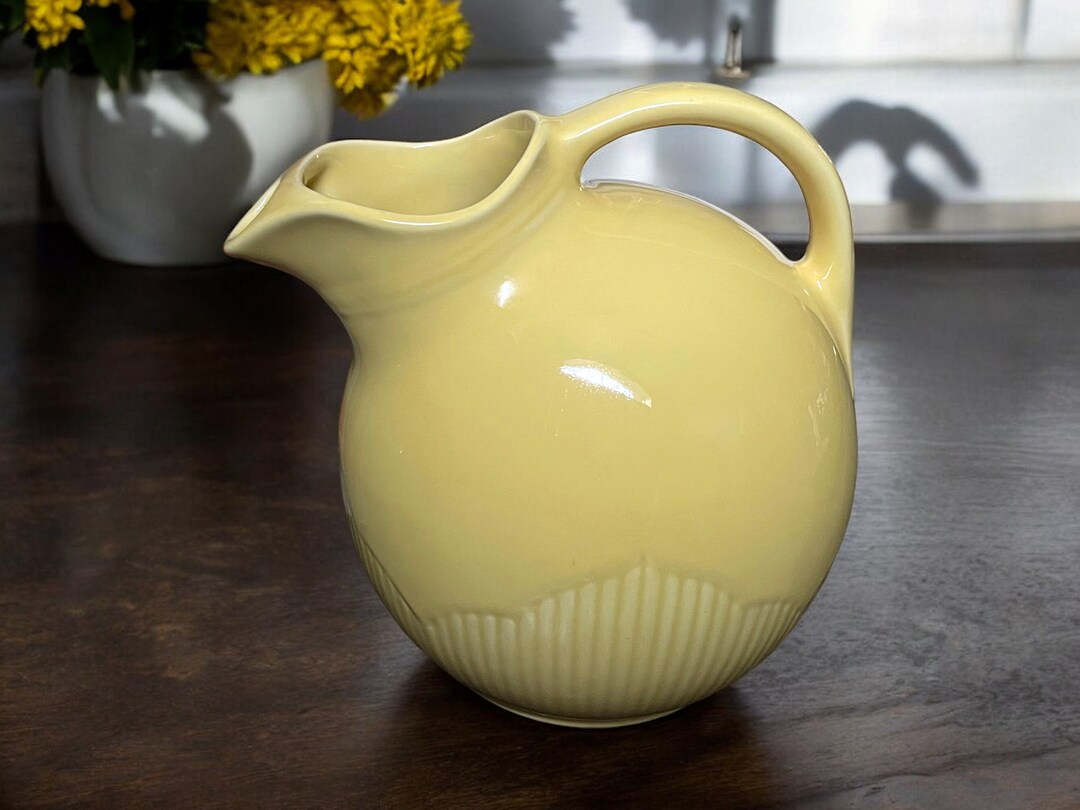 Vintage Yellow Ball Pitcher With Ribbed Detailing, Ice Lip, Tilted ...