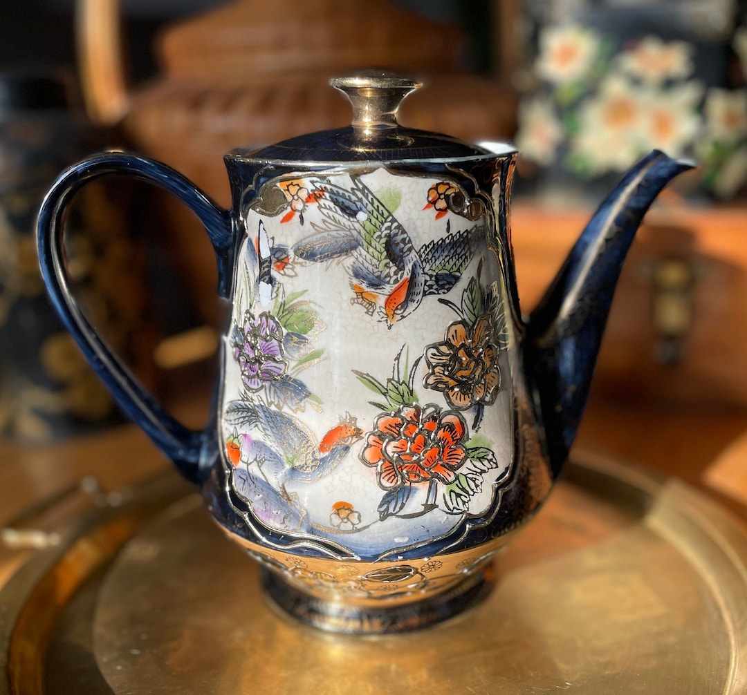 Vintage Chinese Satsuma-style Large Teapot or Coffeepot, Navy With ...