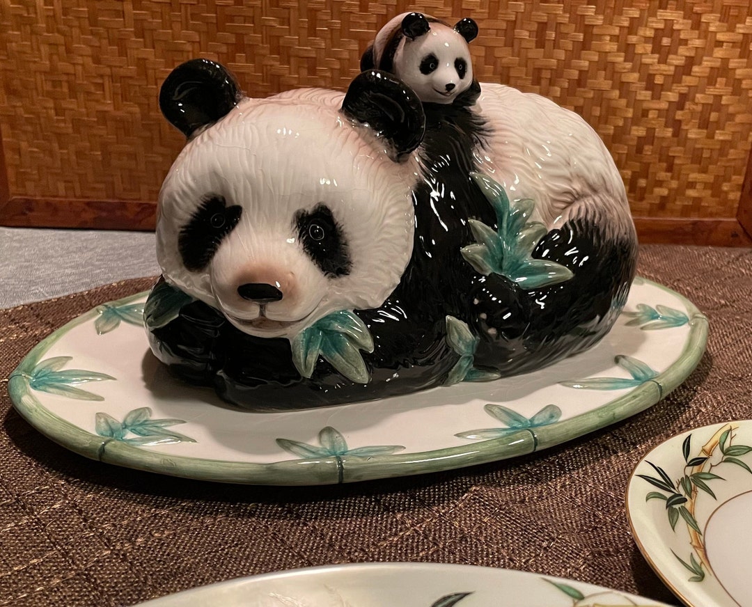 Vintage Panda Covered Platter, Beautifully Hand Painted Momma Bear and ...