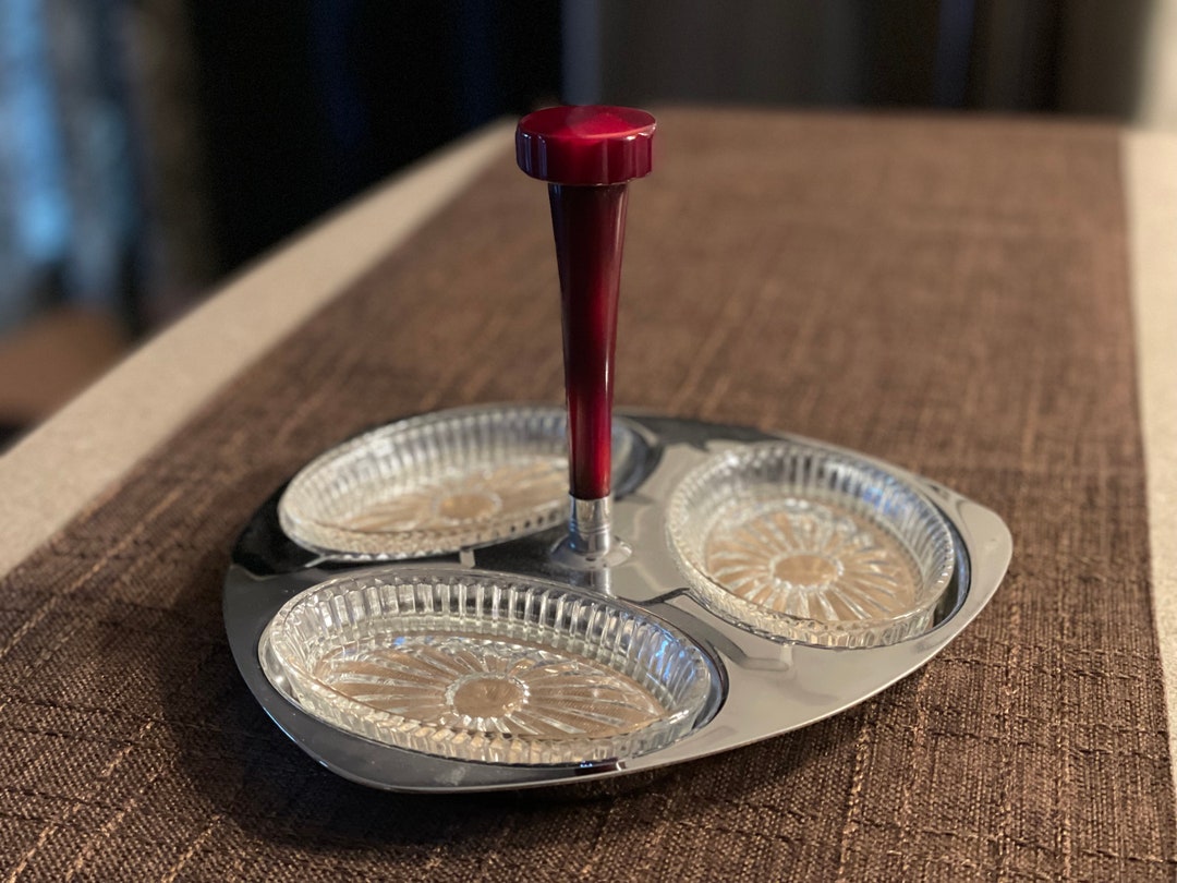 Vintage Relish Serving Tray With Three Glass Inserts, Red Bakelite ...