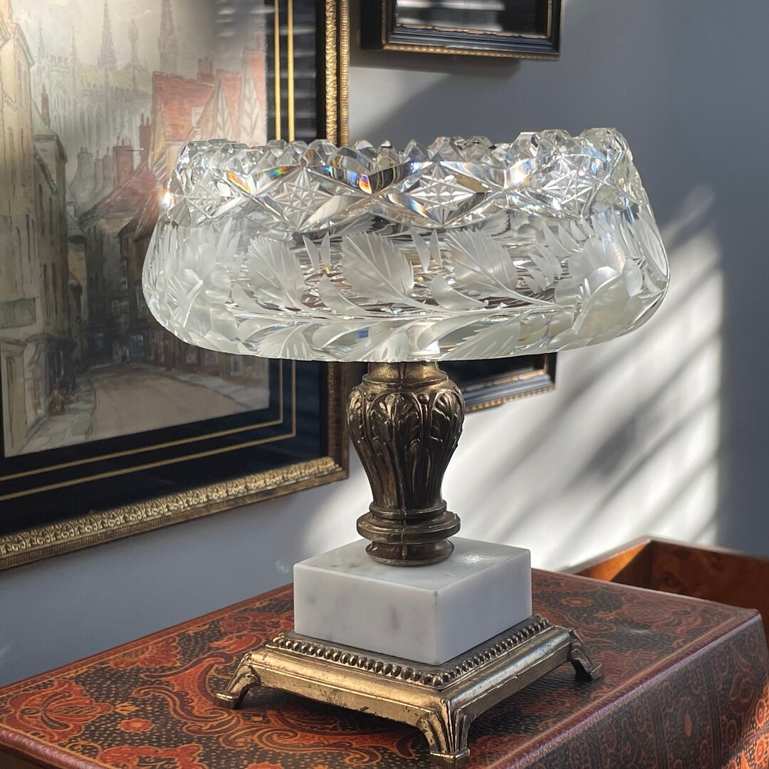 Vintage Crystal, Brass and Marble Compote, Candy Dish, Beautiful Etched ...