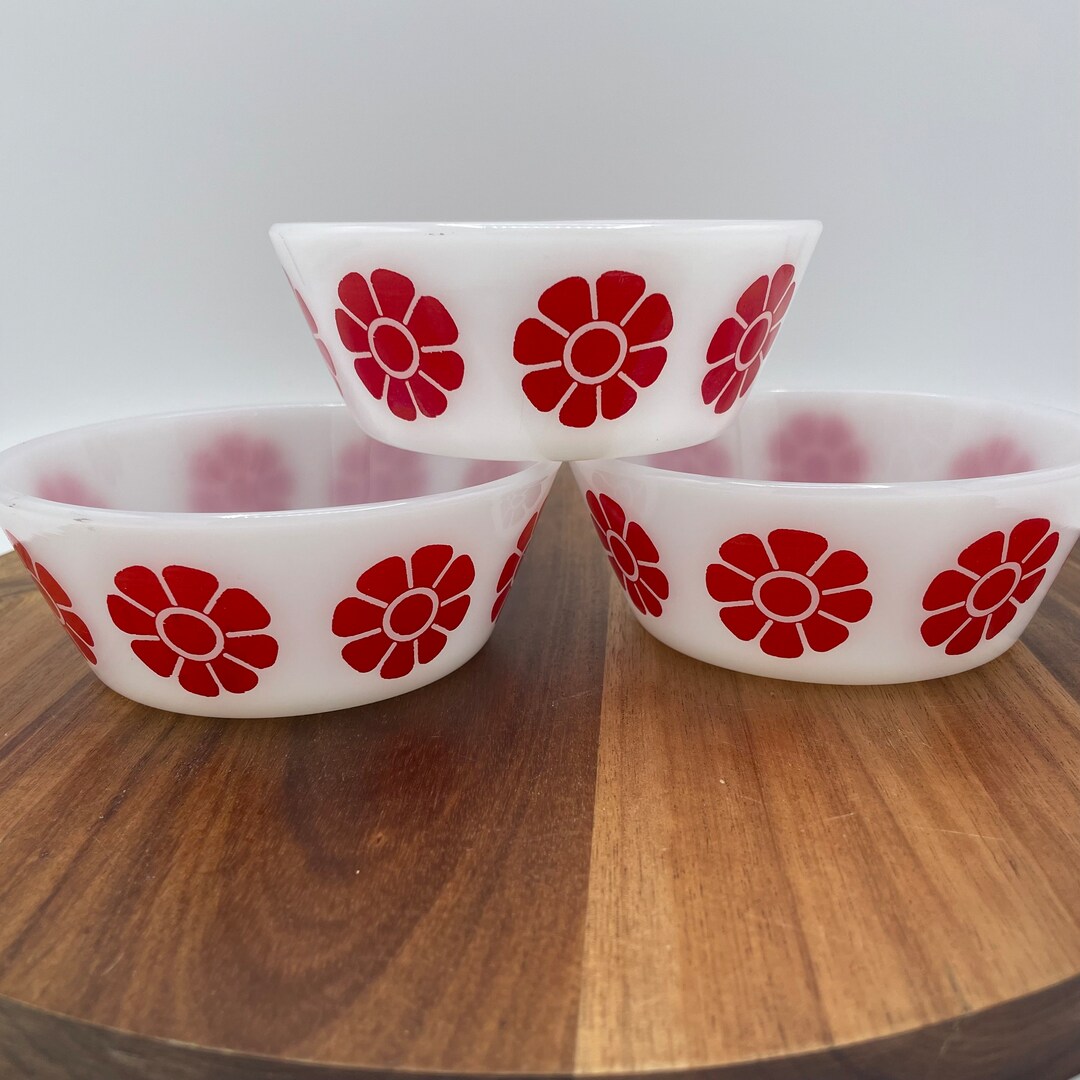 Vintage Federal Glass Red Daisy Pattern Set of 3 Cereal Bowls ...