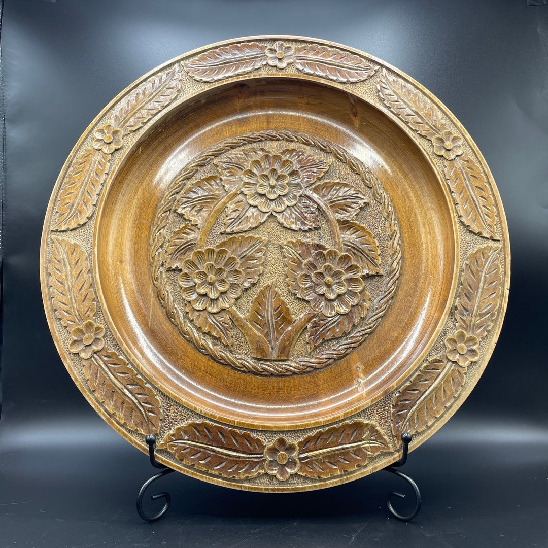 Large Hand Carved Wood Platter, Boho Floral Decor (16 Inch) - Etsy