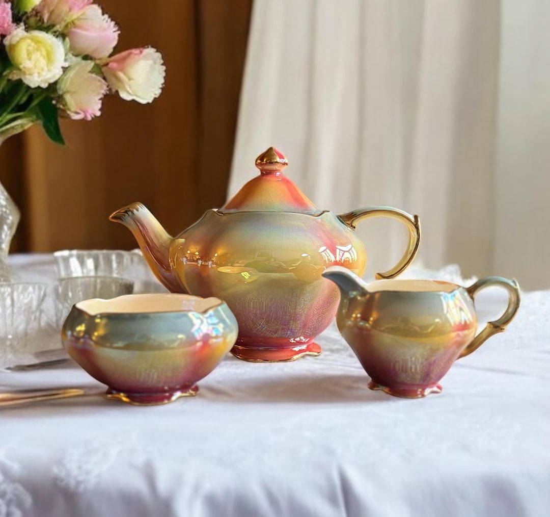 Vintage Rainbow Lustre Tea Set, Tea Pot Cream and Sugar, Royal Winton ...